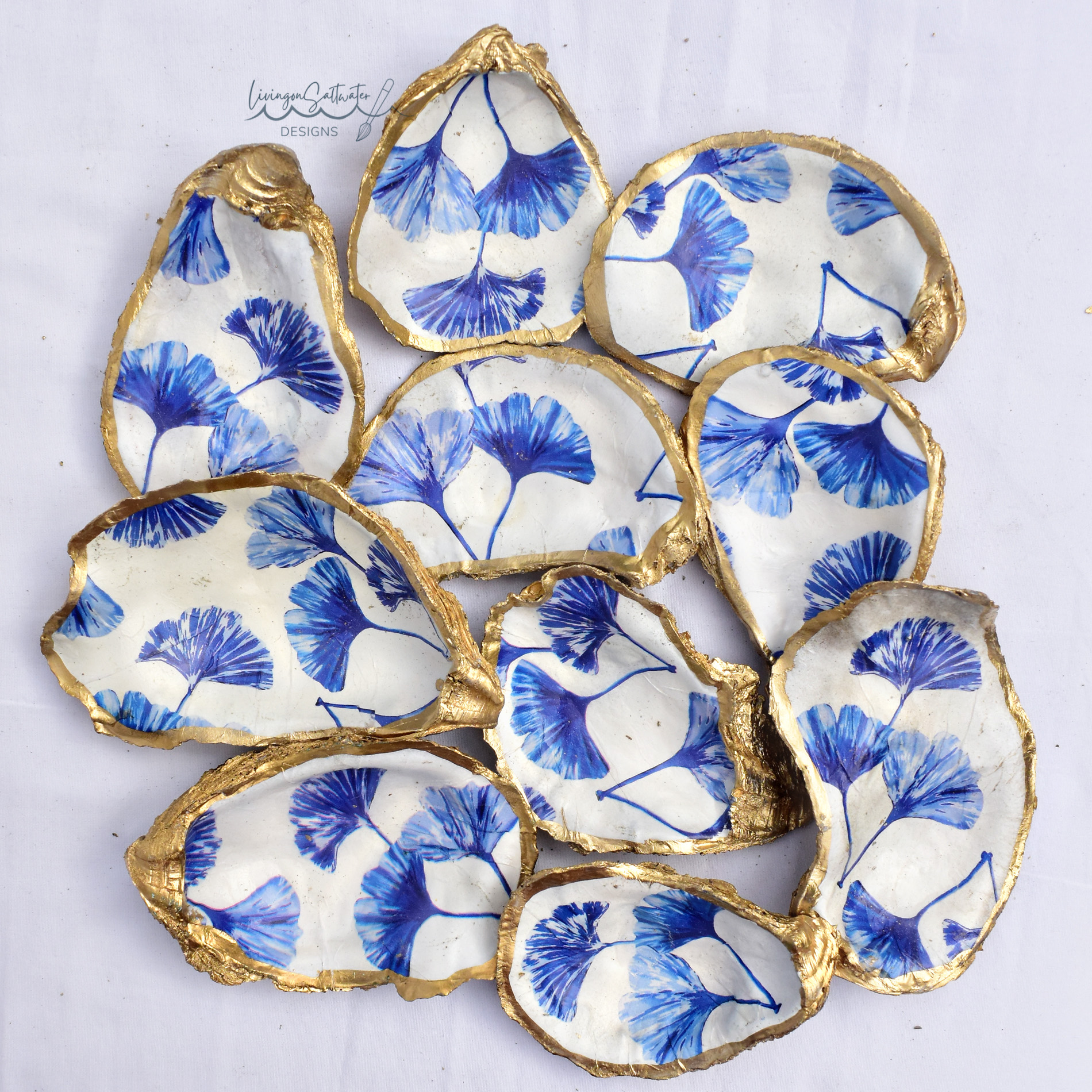 Blue and White Gingko Leaves Oyster - Living on Saltwater Designs